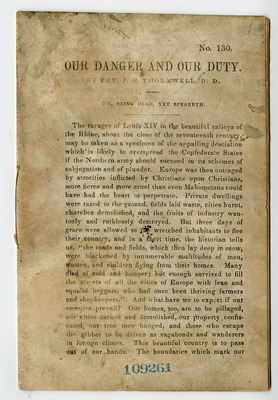 "Our Danger and Our Duty by Rev. J. H. Thornwell, D. D. - Accession 118" by James Henley ...