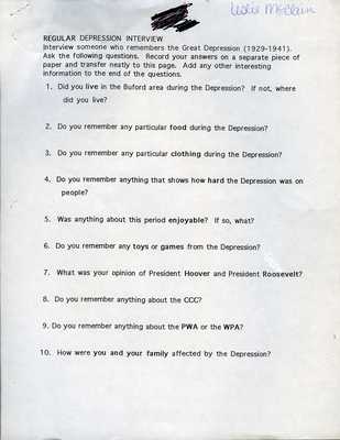 "Great Depression/ World War II Oral History Papers - Accession 1653 ...